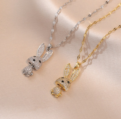 Trendy Titanium Silver/Gold Movable Rabbit Bunny Pave CZ Pendant Chain ...