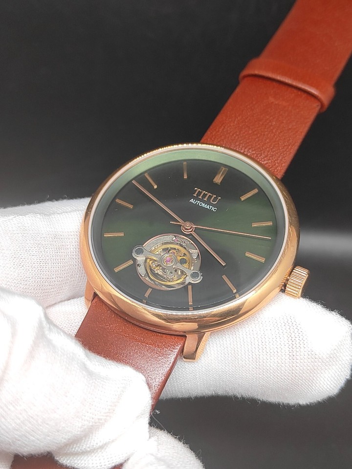 90% NEW TITUS GREEN DIAL 06-2873-013 LEATHER STRAP AUTOMATIC MEN WATCH ...