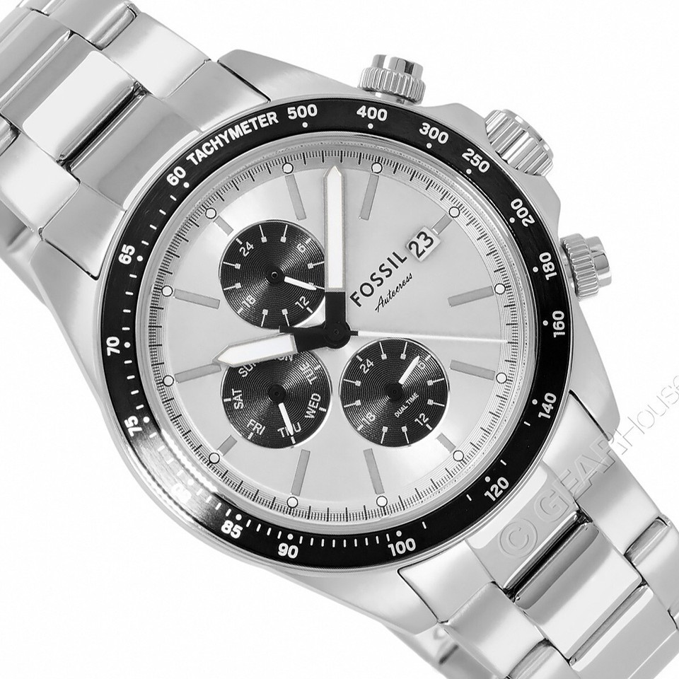 FOSSIL Autocross Mens Dual Time Multifunction Watch Silver Black ...