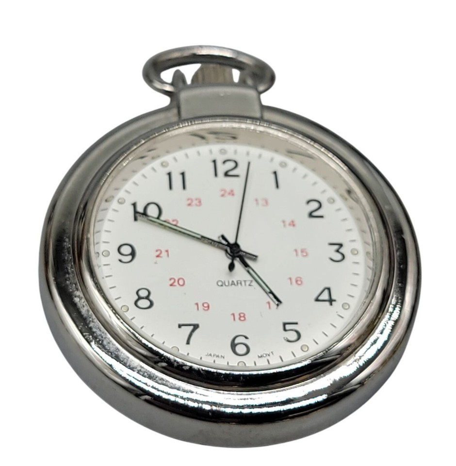 Quartz Pocket Watch Vintage Silver Tone Leather Carrying Case 48mm Open ...