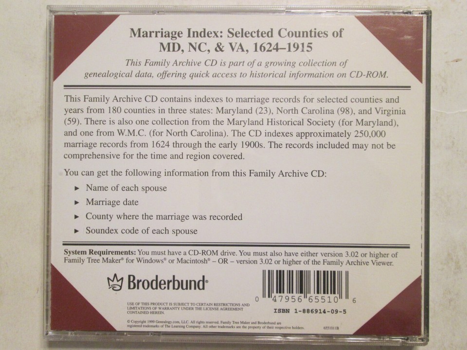 Family Tree Maker's Archives - Marriage Index Select Counties MD NC VA ...