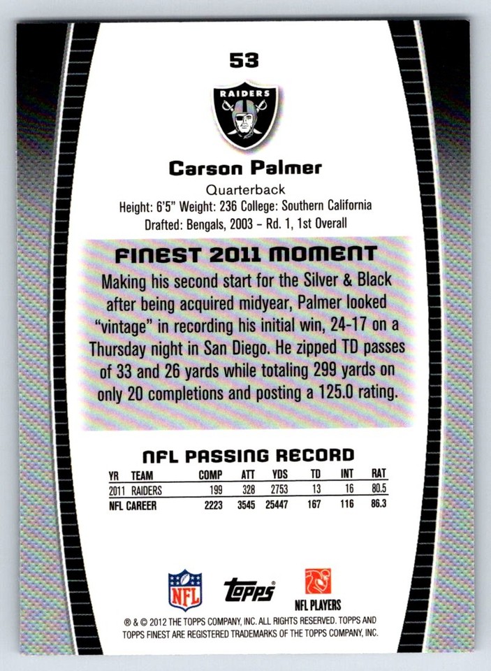 2012 Finest 53 Carson Palmer Oakland Raiders Football Card | eBay