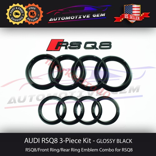 AUDI RSQ8 Emblem GLOSS BLACK Front Grill & Trunk Ring Rear Logo Badge S ...