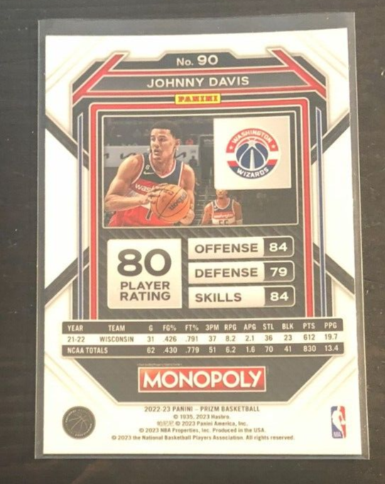 2022-23 Panini Prizm Monopoly JOHNNY DAVIS Rookie Card RC #90 Wizards ...