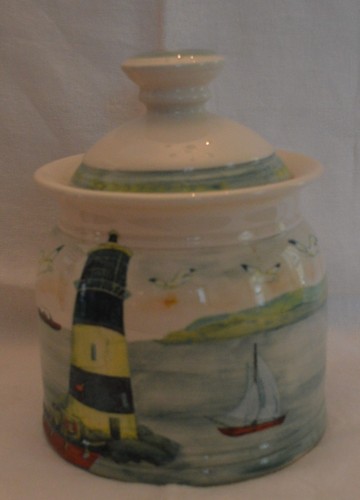 Oxney Green Nautical Theme Cookie Jar 7" Sailing Ships Lighthouse ...