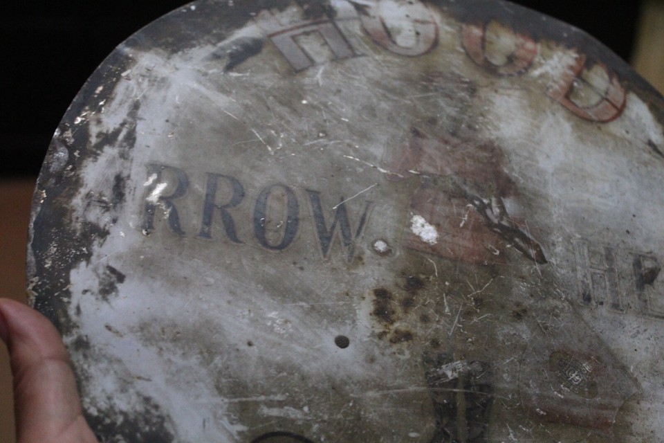 SCARCE 1920s HOOD TIRE STOP ARROW WHEELS 2 SIDED PADDLE METAL SIGN ...