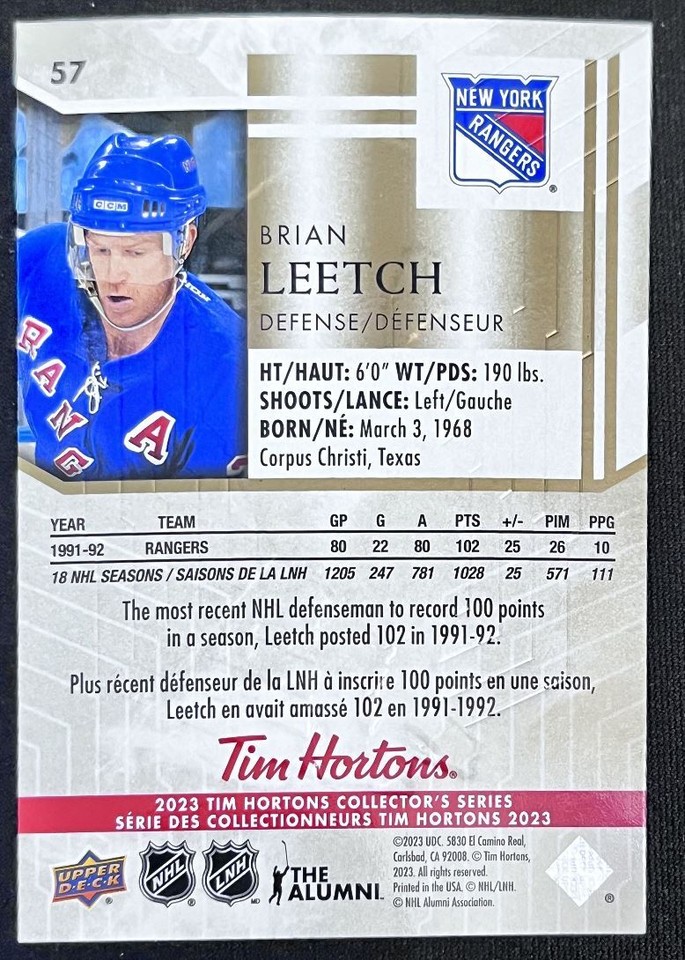 2023-24 Upper Deck Tim Hortons Legends Tim Horton Brian Leetch New York ...