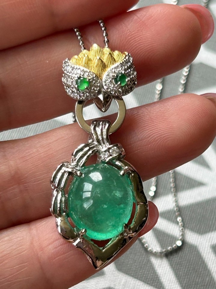 14k gold Natural emerald 12 ct GIA pendant $3800 owl chain is silver ...