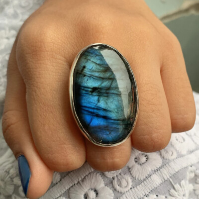 Blue Flashy BIG Labradorite Ring Natural Gemstone 925 Sterling Silver ...