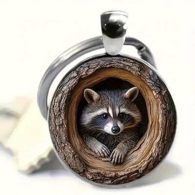 2D Raccoon Keychain Round Raccoon Tree Hole Backpack Charm Small Animal ...