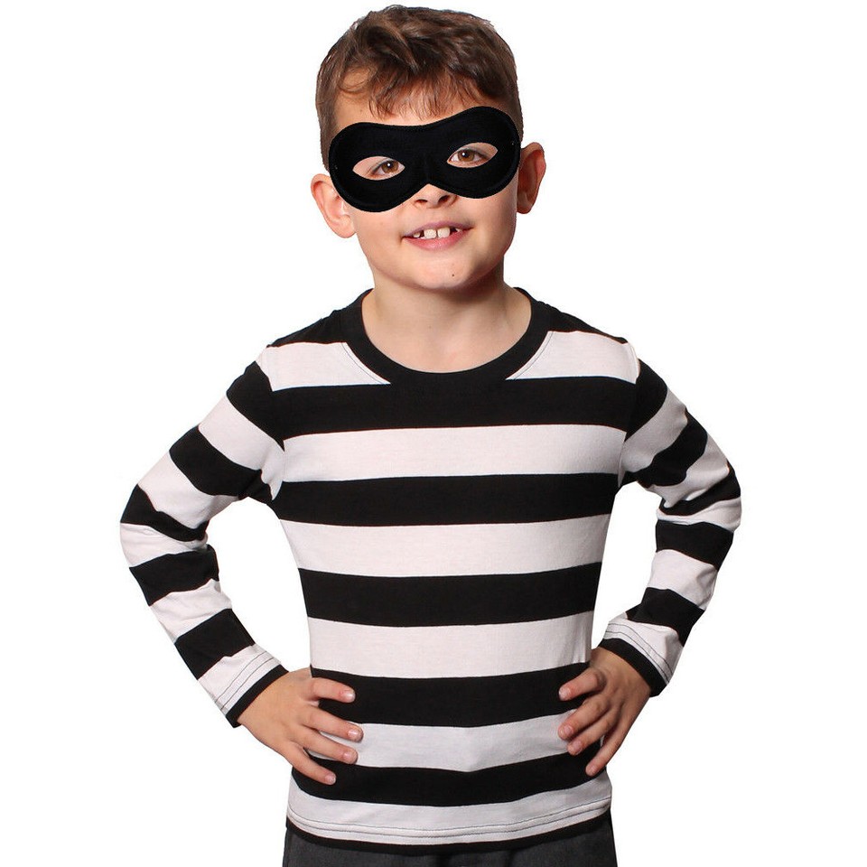 CHILD BURGLAR COSTUME FANCY DRESS ROBBER STRIPE TOP AND EYE MASK THIEF ...
