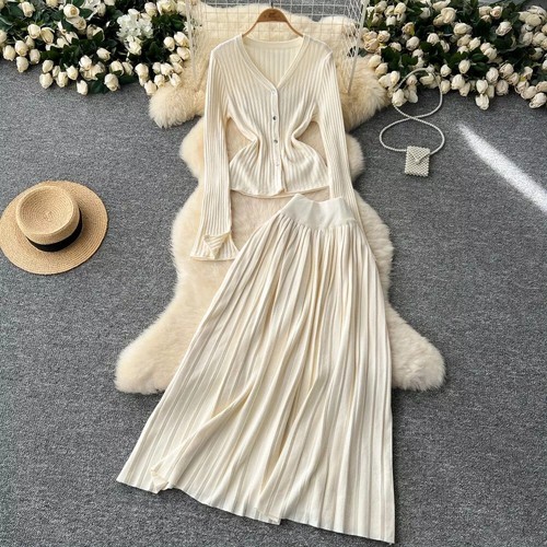 Robe Complète Femme Ensemble Haut Cardigan Jupe Basique En Maille Blanc ...