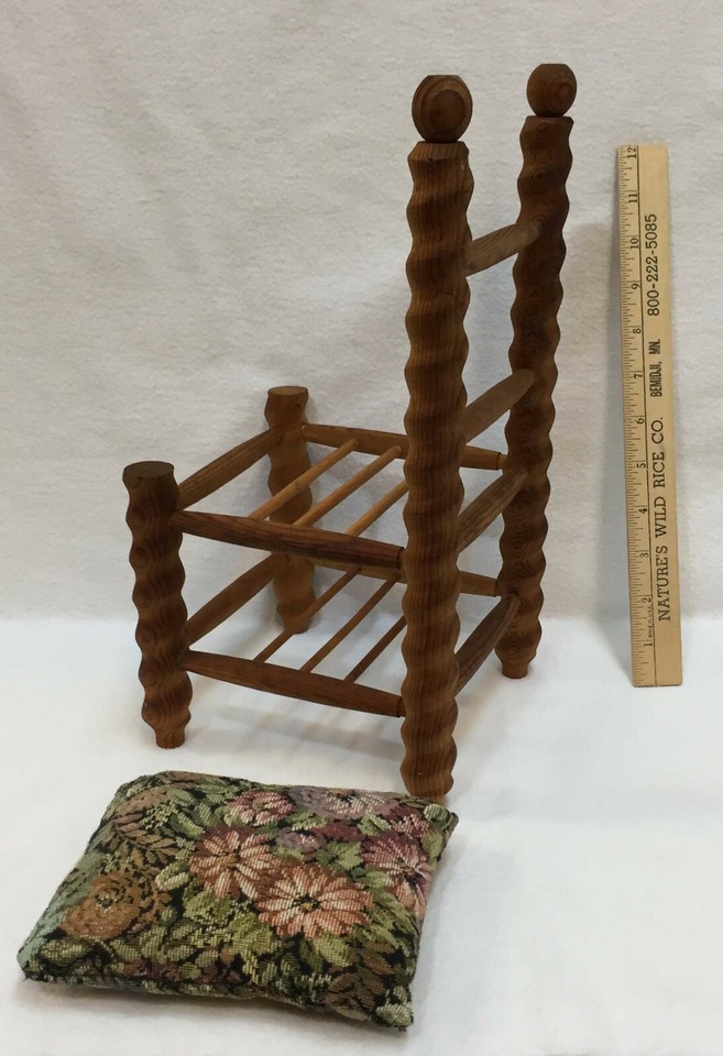Doll Chair Handmade Wooden Dowel w/ Tapestry Pillow Cushion 13" Display ...