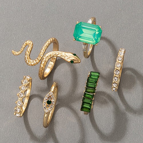 6pcs/set Luxury Green Rhinestone Snake Rings for Women Vintage Crystal ...