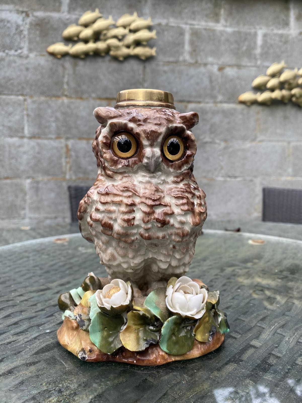 Original Victorian Nursery Sitzendorf Tawny Owl China Ceramic Oil Lamp ...