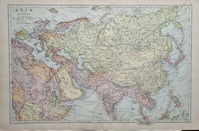 1913 Carte Asie & Europe Arabie Inde Perse Chine Japon Siam Corée ...