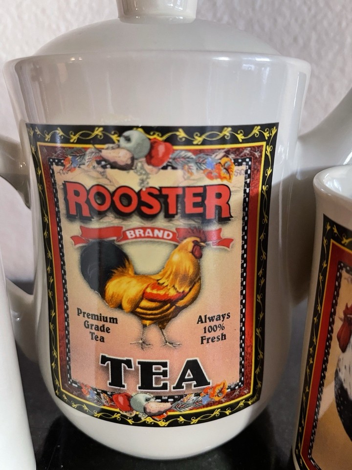 4 Pc Bay Island Inc. Country Roosters Ceramic Tea Pot & 2 Matching Mugs ...