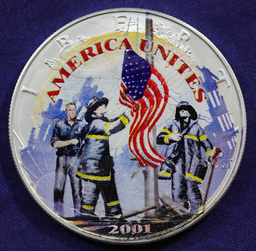 2001 ASE American Silver Eagle Colorized Coin Remember our Heroes 9/11 ...