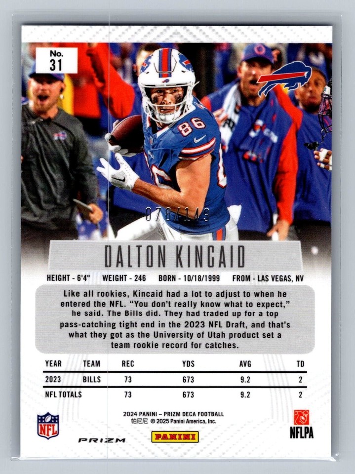 Dalton Kincaid 2024 Panini Prizm DECA BLUE PRIZM /149 SP - Buffalo ...