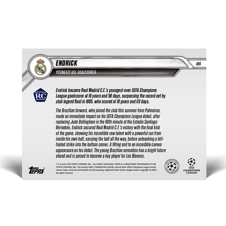 Endrick - Club Record: Youngest UEFA Scorer - 24/25 UCC TOPPS NOW Card ...