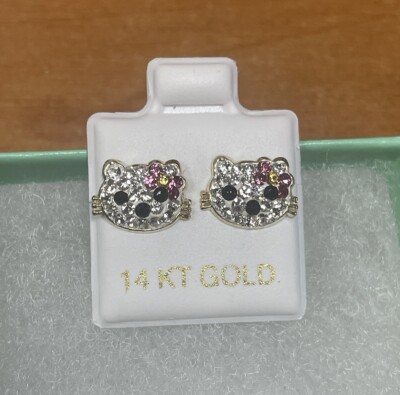 Kitty Cat Large Stud Earrings 14K Solid Gold With Safety Backing | eBay