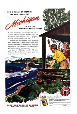 1947 MICHIGAN TOURISM Original Vintage Print Advertisement Water Ski ...