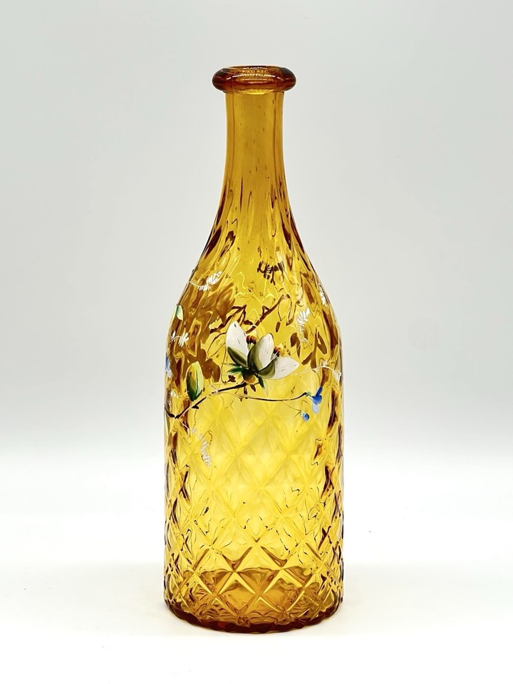 Antique Handpainted Pontiled Diamond Lattice Amber Glass Barber Bottle ...