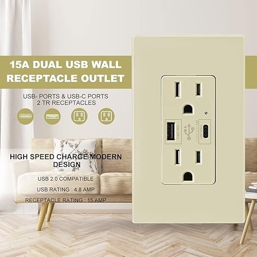 4.8A USB C Outlet 24W UL Dual High Speed Decora Receptacle 15 Amp,125 ...