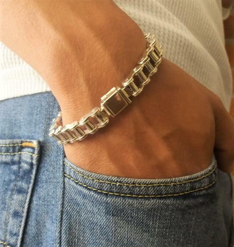 Beautiful Classic Solid 935 Argentium Silver Men's Charm Bike Chain Bracelet | eBay