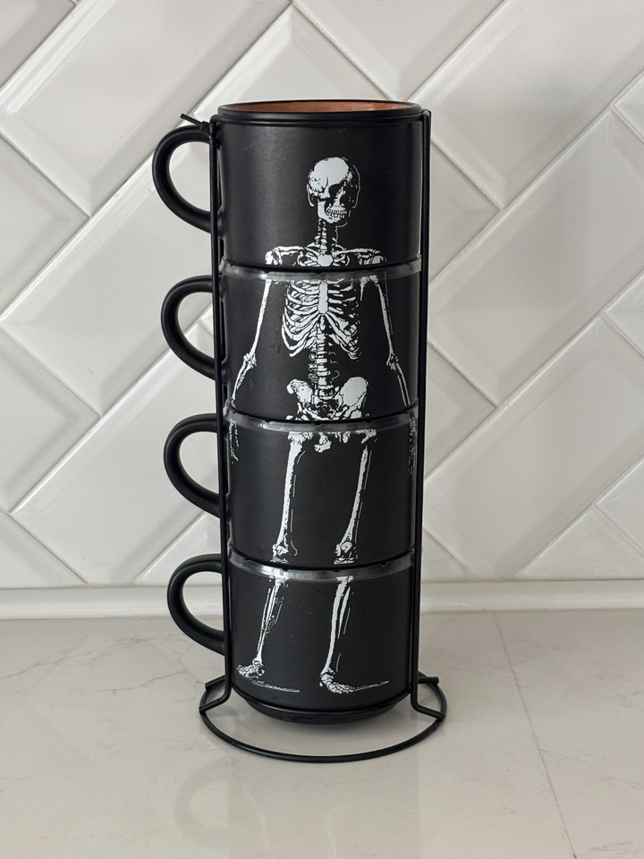 x4~Stacking Skeleton Mug Set w/Stand~Prima Design~Black & Orange ...
