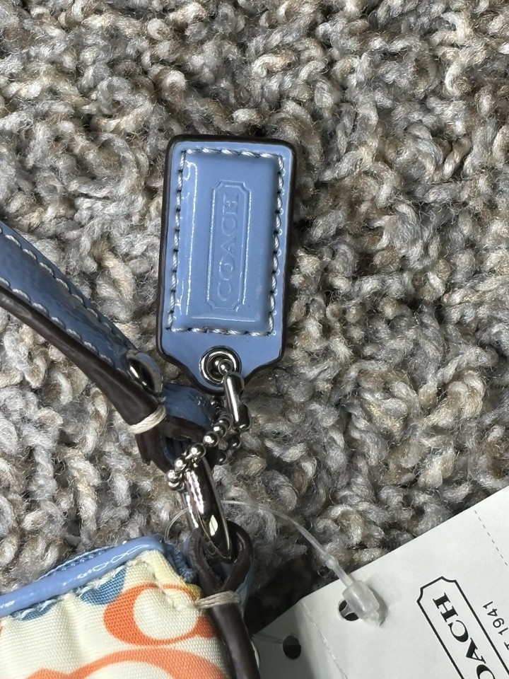 Coach F17429 blue rainbow signature print canvas & patient leather hand ...