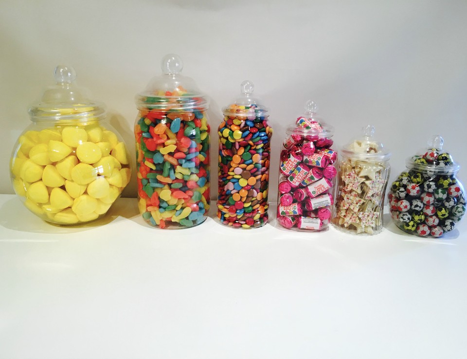 JUMBO Plastic Sweet Jars 12 jars 100 bags 2 Scoops 2 tongs DIY Candy ...