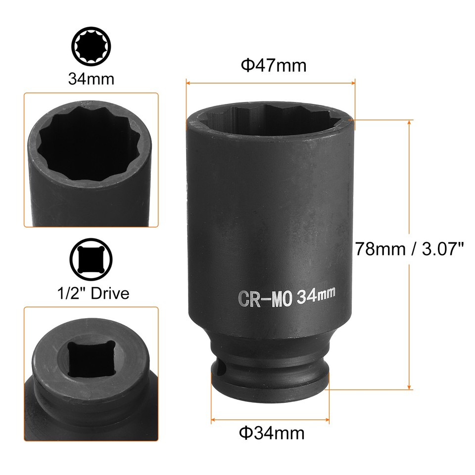 12-Point Deep Impact Socket 1/2 Inch Drive 34mm Chrome Molybdenum Steel ...