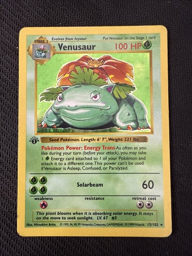 1999 Pokemon Base Set Shadowless Venusaur 1st Edition Holo 15/102 Rare ...