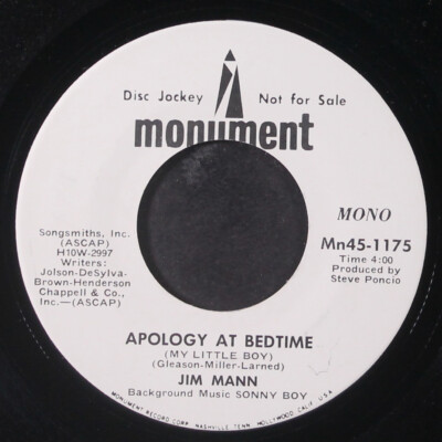 JIM MANN: apology at bedtime MONUMENT 7" Single 45 RPM | eBay