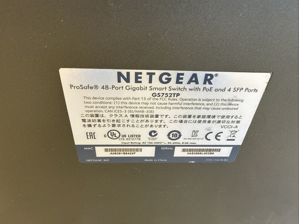 NetGear Prosafe 48-Port Gigabit Switch w/ PoE and 4 SFP Ports, (GS752TP ...