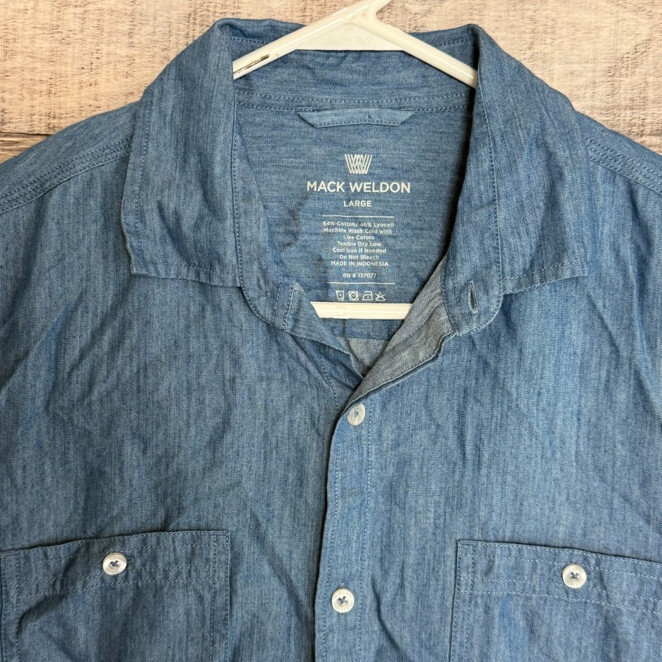 Mack Weldon Chambray Shirt Mens Large Blue Button Up Long Sleeve Preppy ...