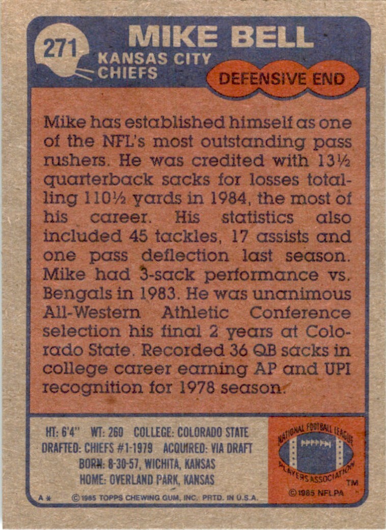 1985 TOPPS MIKE BELL KANSAS CITY CHIEFS #271 | eBay