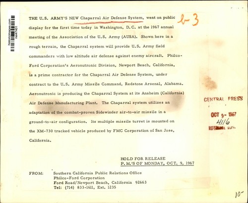 1967 Press Photo United States Army's new Chaparral Air Defense System ...