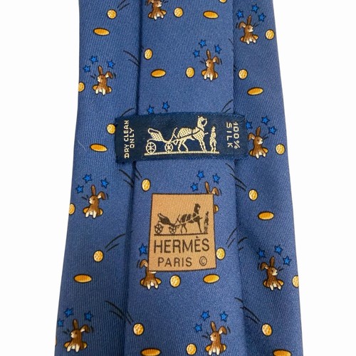 Hermes Mens Tie Rabbits Slate Blue & Brown Satin Silk 7956 EA 3.5" (W ...