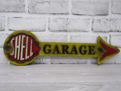 Rustic Cast Iron Shell Arrow Garage Gas Oil Sign Plaque Man-Cave Cabin ...