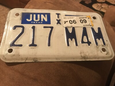 2009 TEXAS Motorcycle License Plate BLACK & WHITE Tag. #217 M4M JUNE 09 ...
