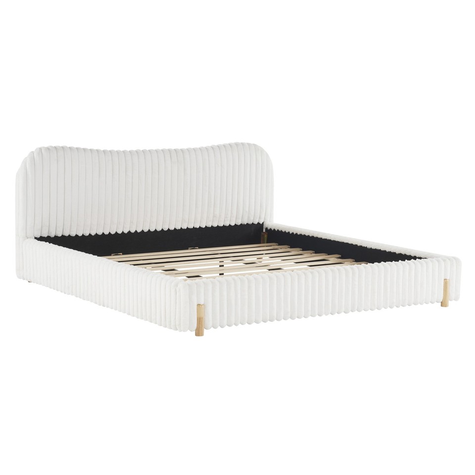 Sleek White Plush Upholstered Bed with Wavy Headboard & Vertical ...