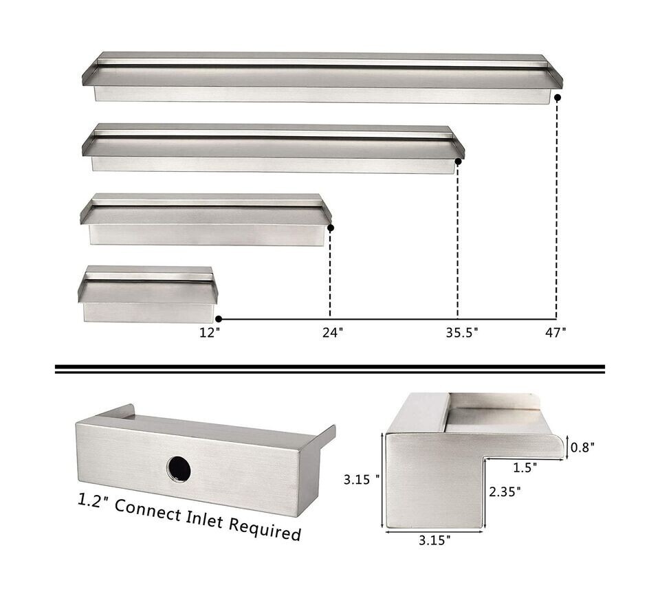 24" Waterfall Pool Fountain, 304 Stainless Steel Pond Waterfall w/wide ...