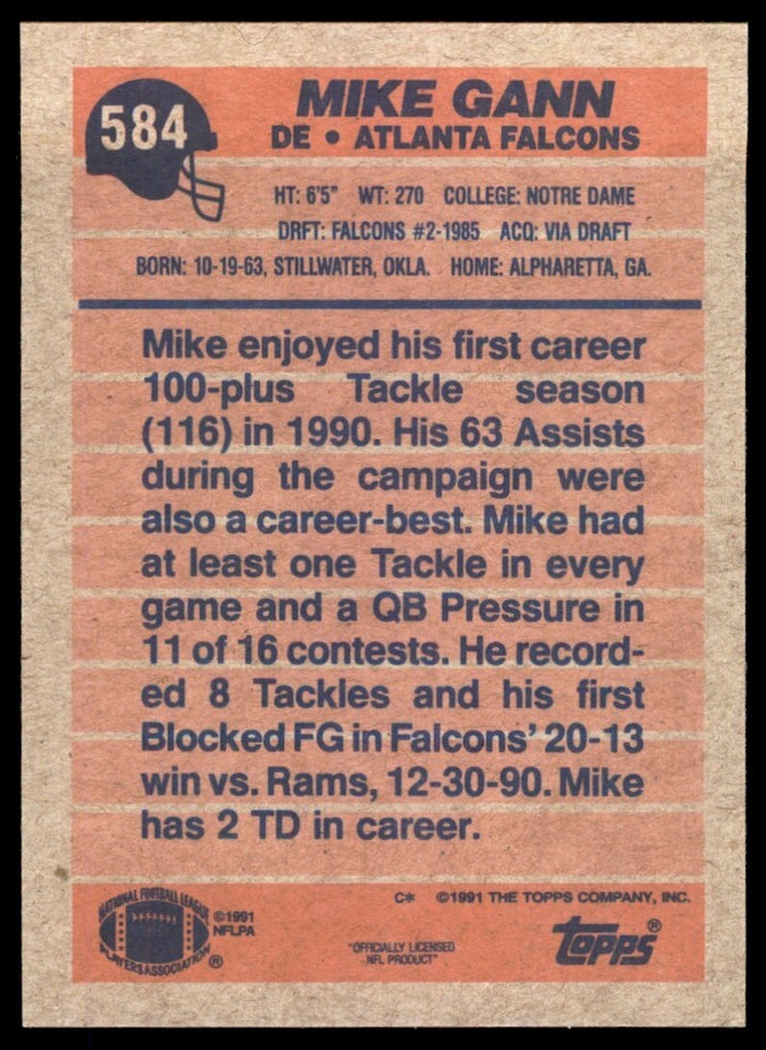 1991 Topps Mike Gann Atlanta Falcons #584 | eBay