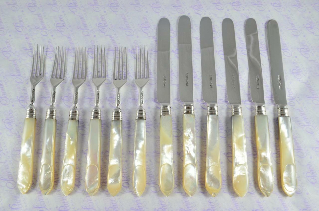 THOMAS SANSOM MOTHER OF PEARL & STERLING SILVER KNIVES & FORKS ...