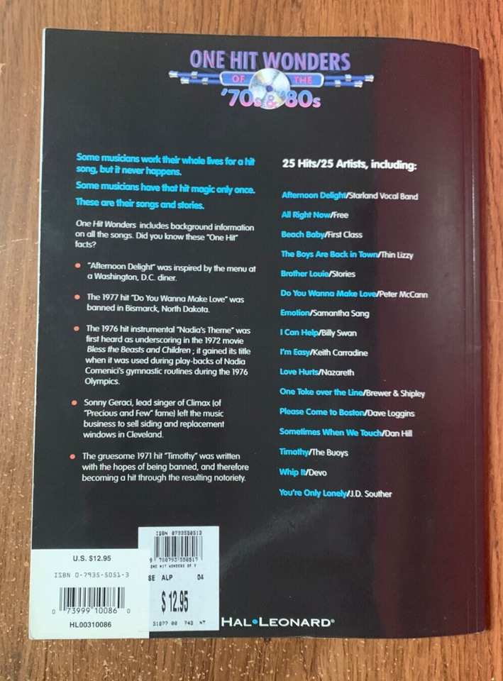 1996 "One Hit Wonders Of The 70s & 80s' " Music Book Hal Leonard ...