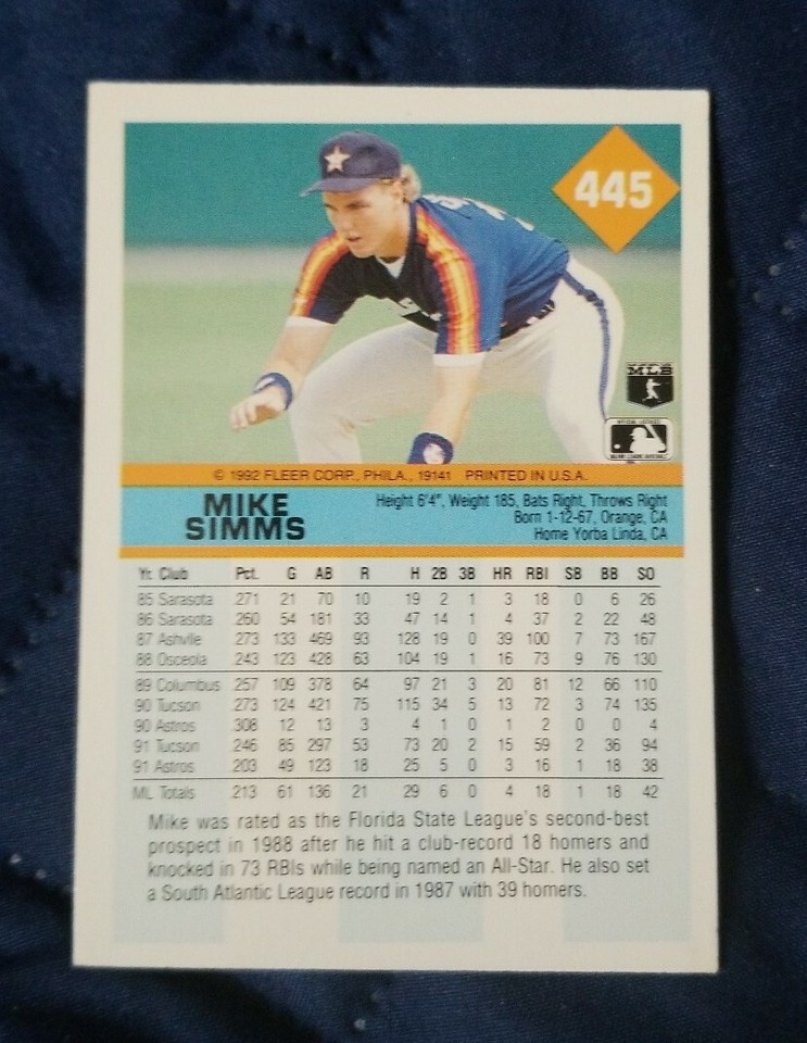 1992 Fleer Baseball Card #445 Mike Simms - Houston Astros | eBay