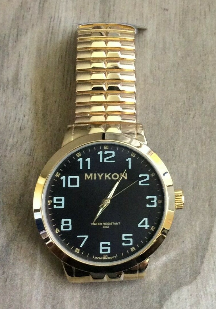 Miykon Men's Watch Waterproof Round Black Dial Arabic Hours on Gold ...
