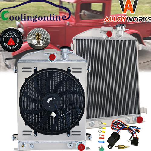 3-CORE ALUMINUM RADIATOR SHROUD FAN FITS 1933-1934 FORD CHEVY-V8-ENGINE ...